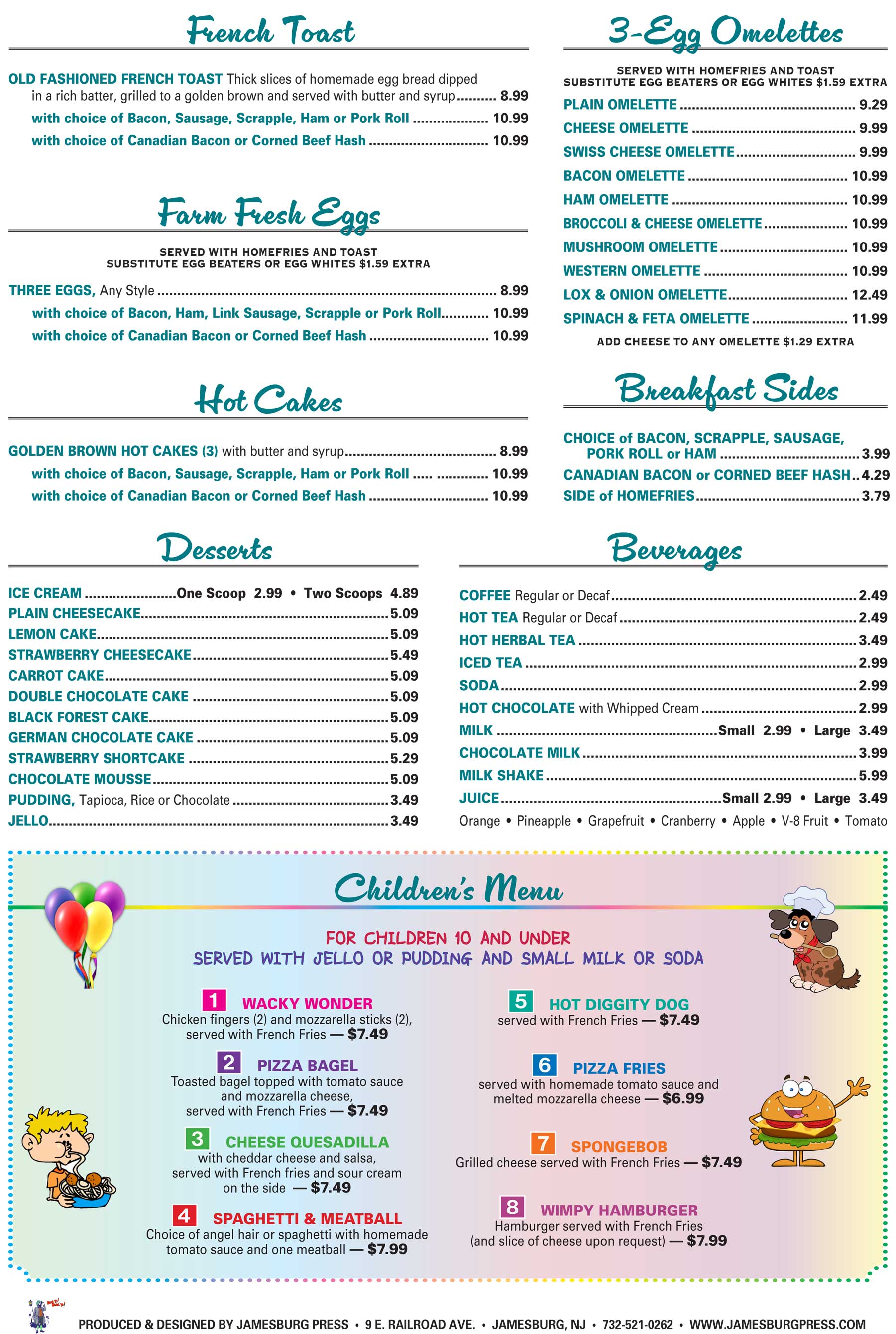 Williamstown Full Menu | Pandora Diner, New Jersey Diners