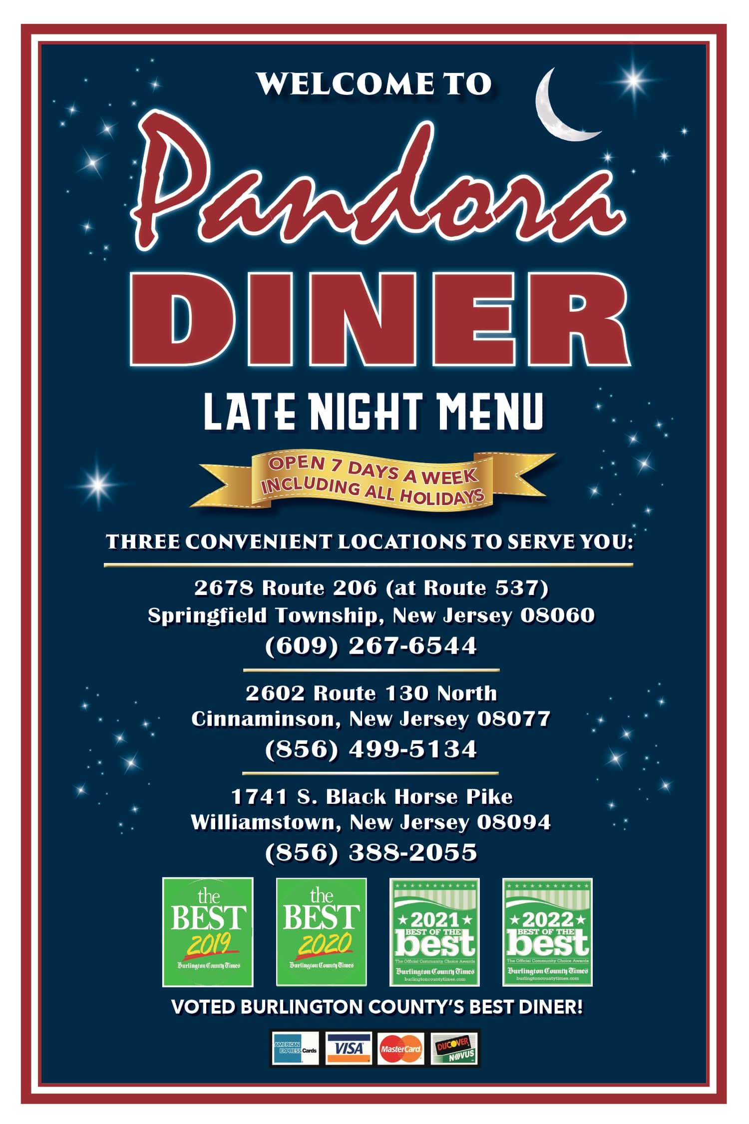 Late Night Menu | Pandora Diner, New Jersey Diners