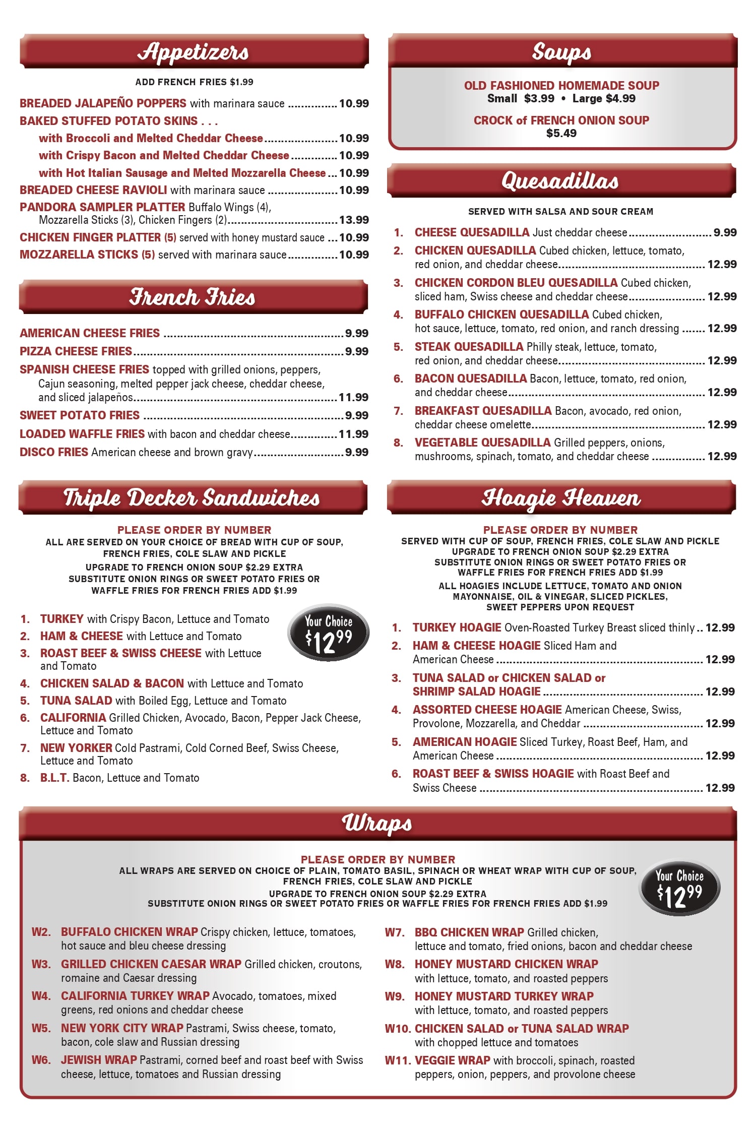 Late Night Menu | Pandora Diner, New Jersey Diners