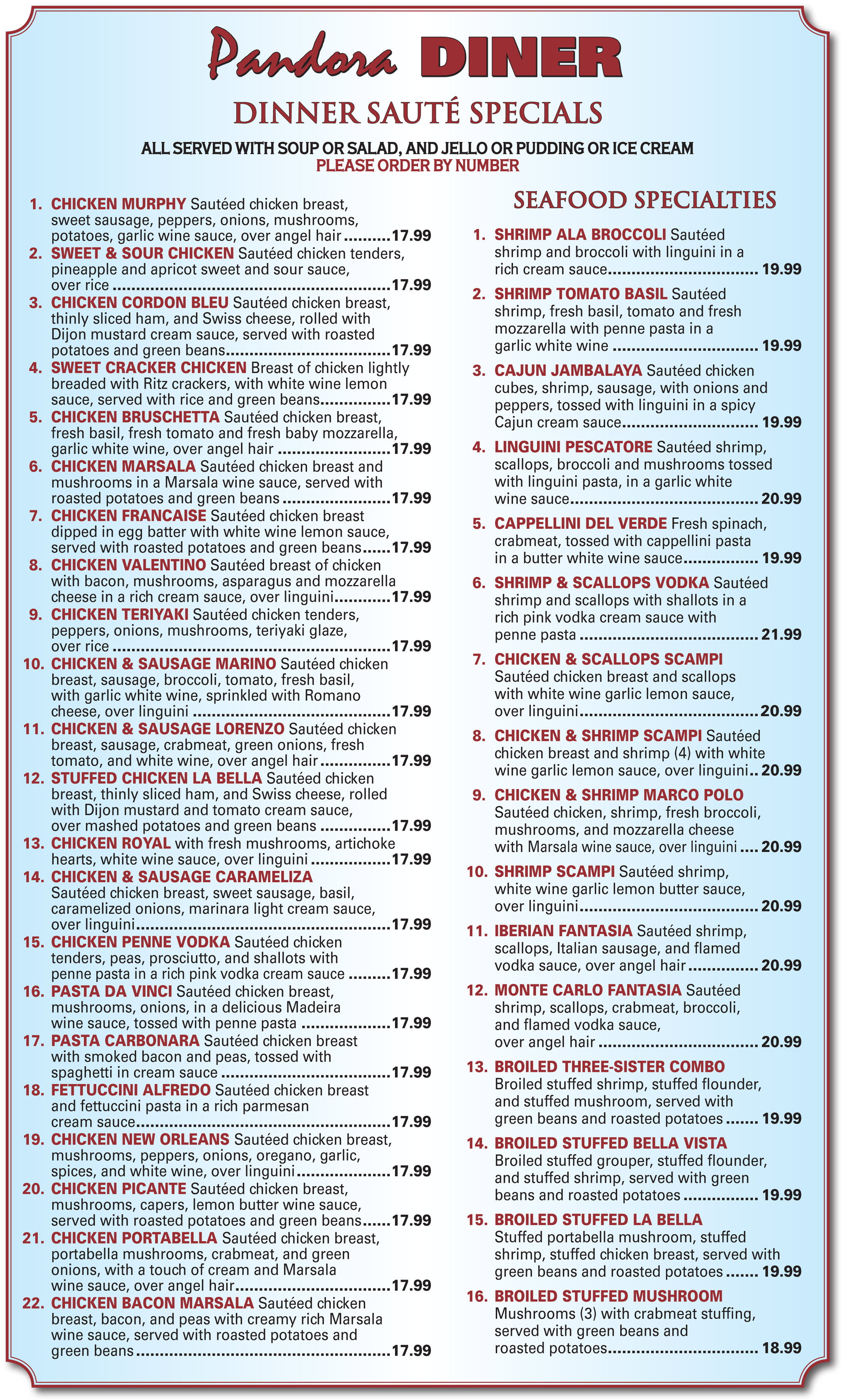 Springfield & Cinnaminson Daily Specials | Pandora Diner, New Jersey Diners