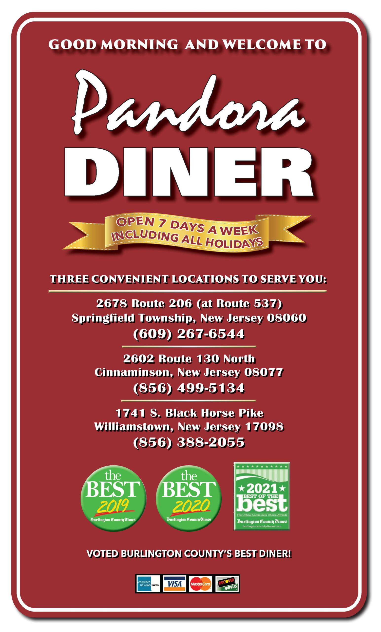 Williamstown Breakfast Menu | Pandora Diner, New Jersey Diners