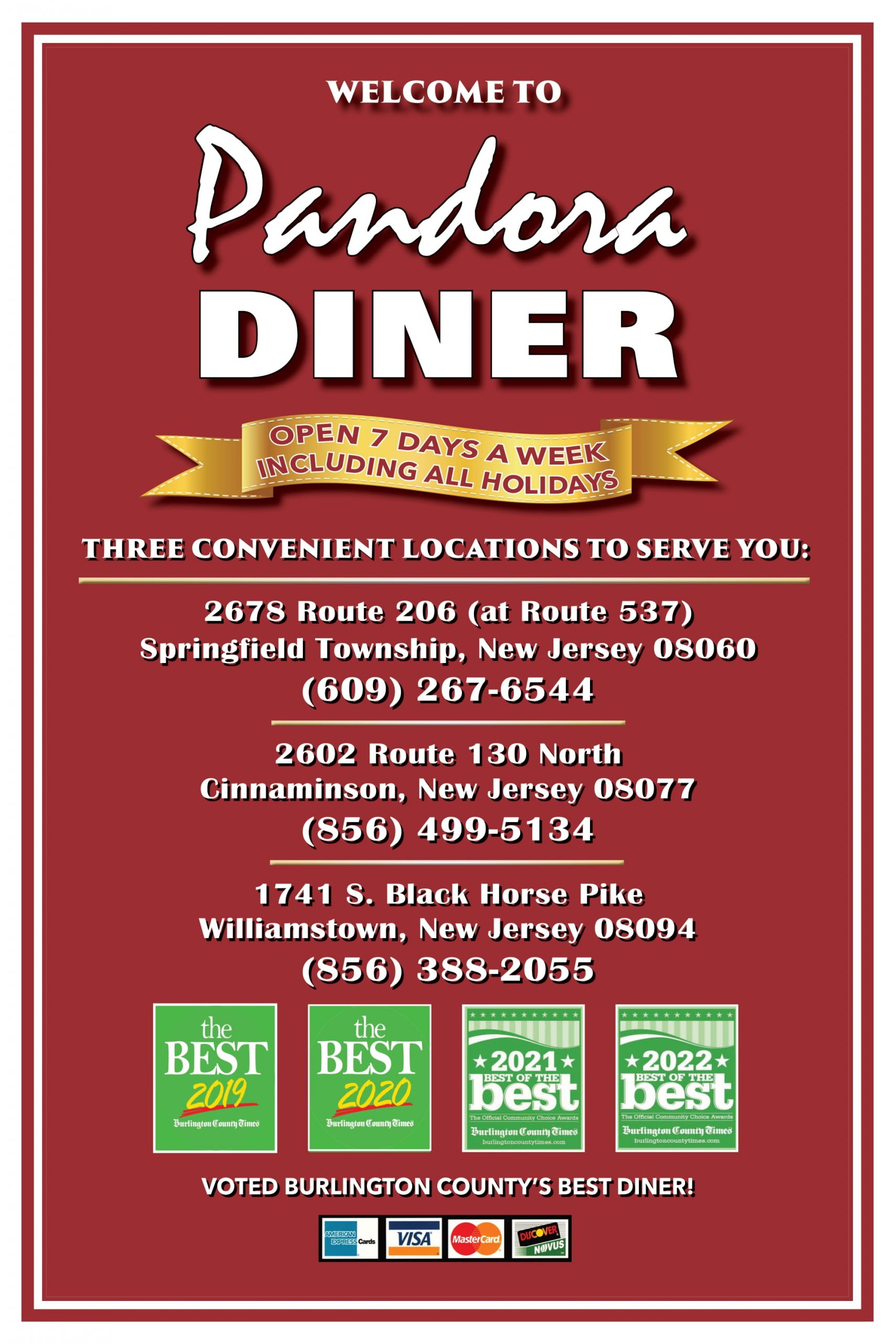 Williamstown Full Menu | Pandora Diner, New Jersey Diners