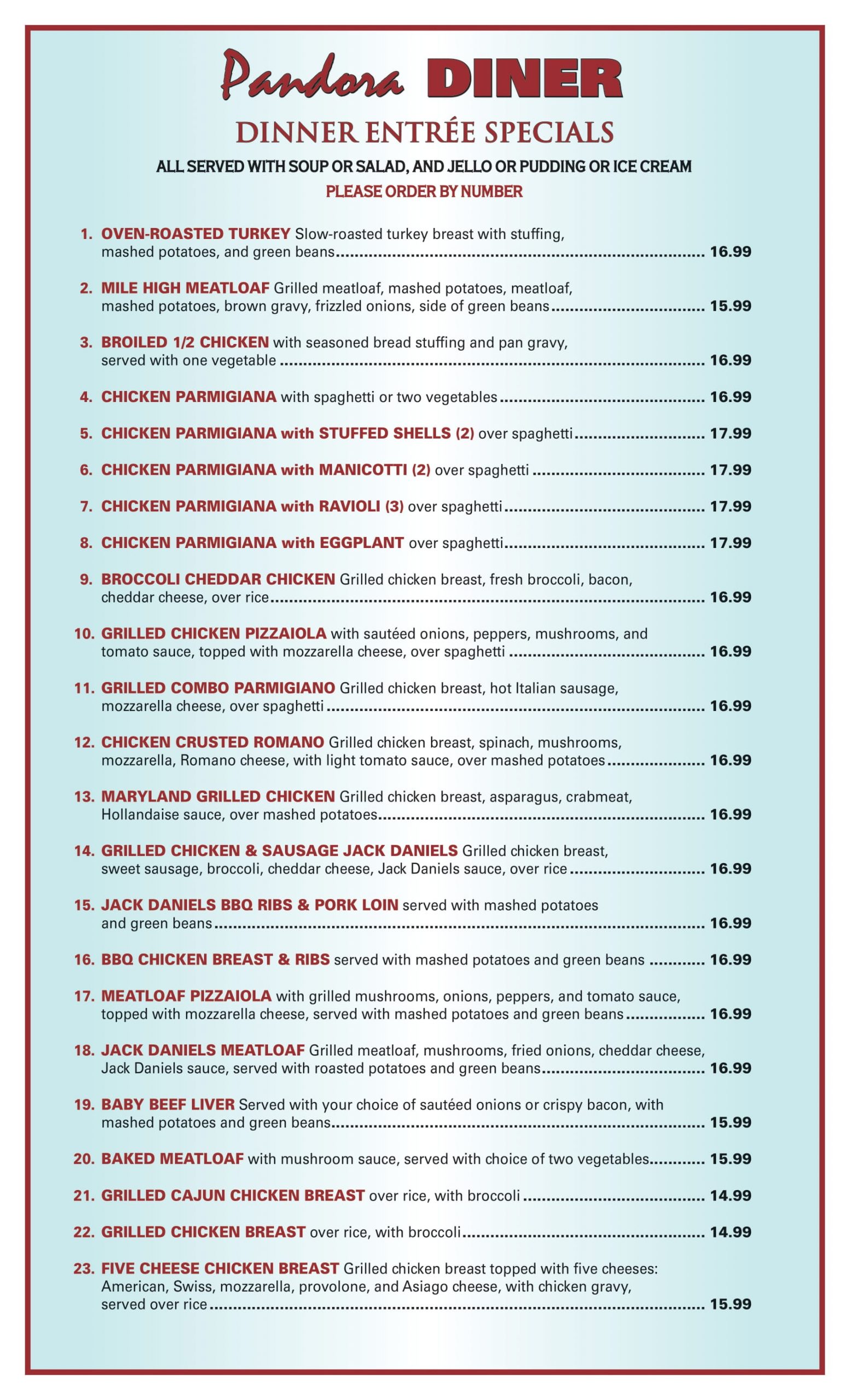 Williamstown Full Menu | Pandora Diner, New Jersey Diners