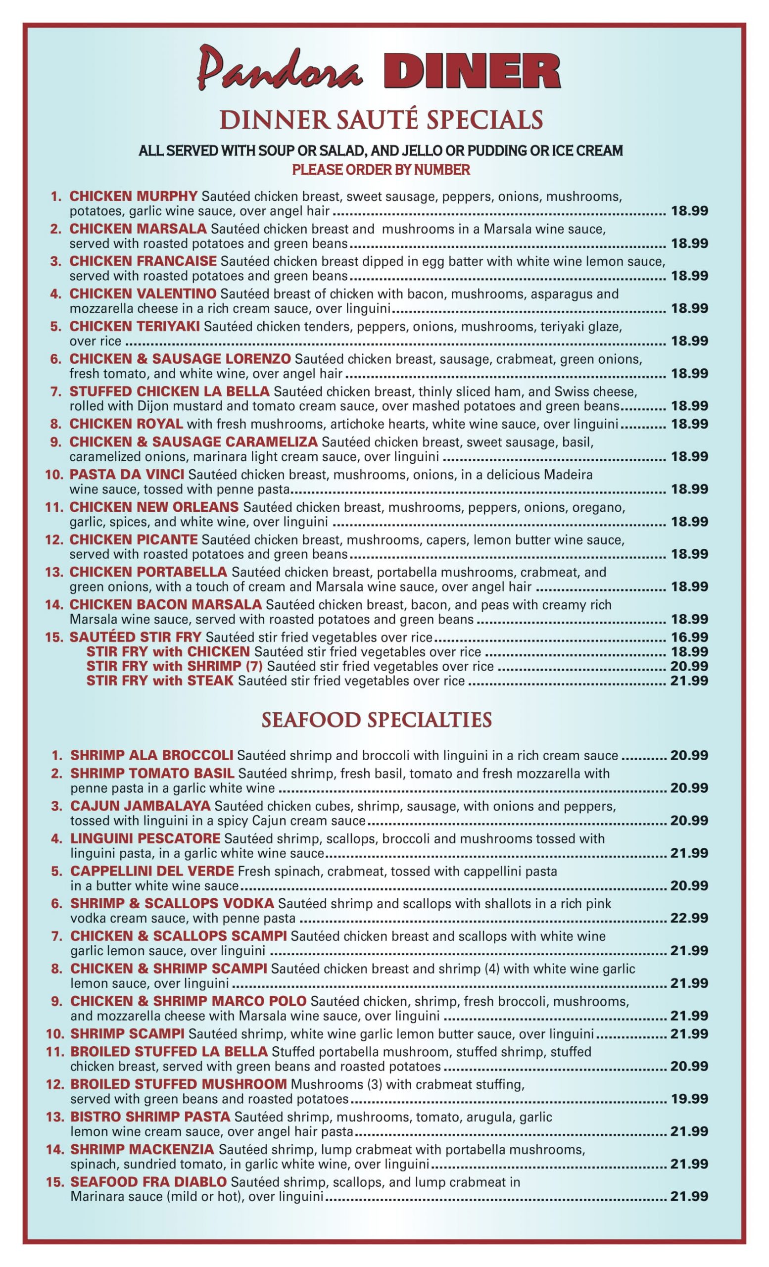 Williamstown Full Menu | Pandora Diner, New Jersey Diners
