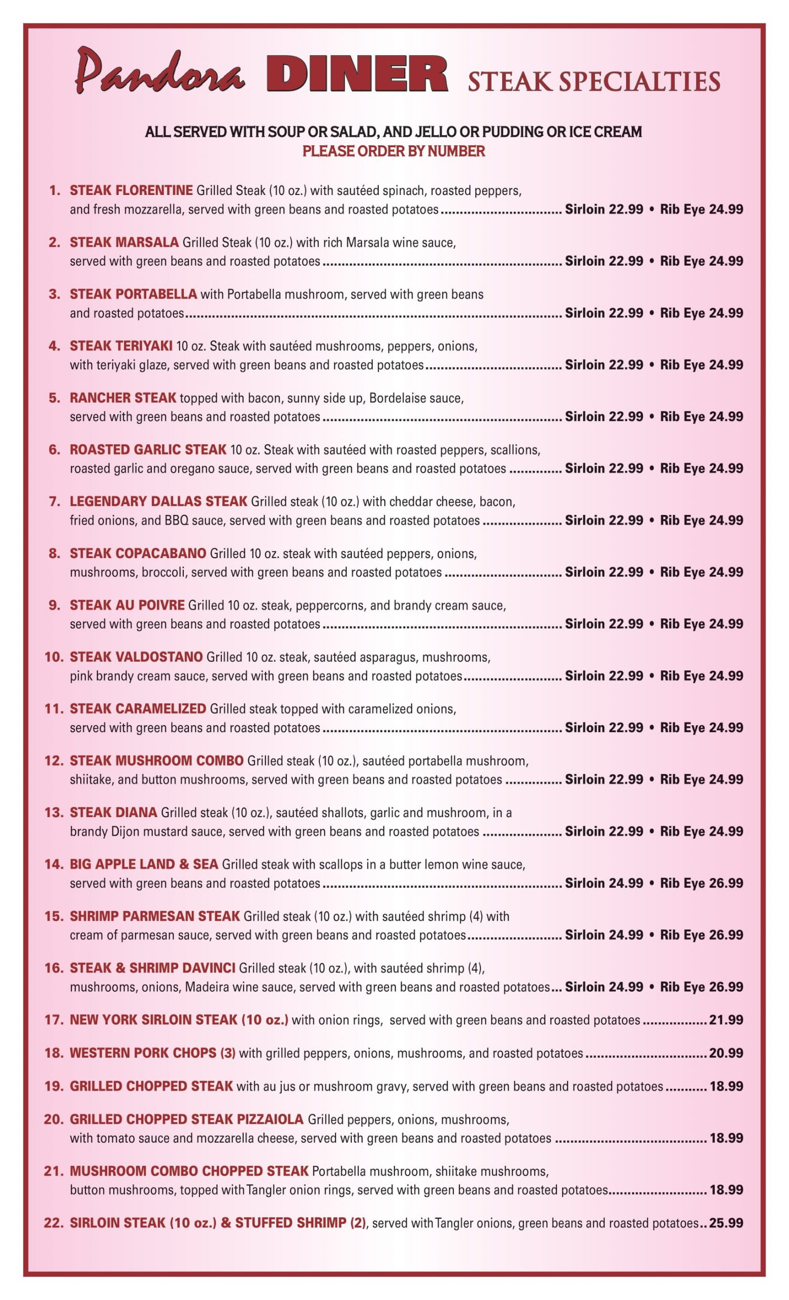 Williamstown Full Menu | Pandora Diner, New Jersey Diners