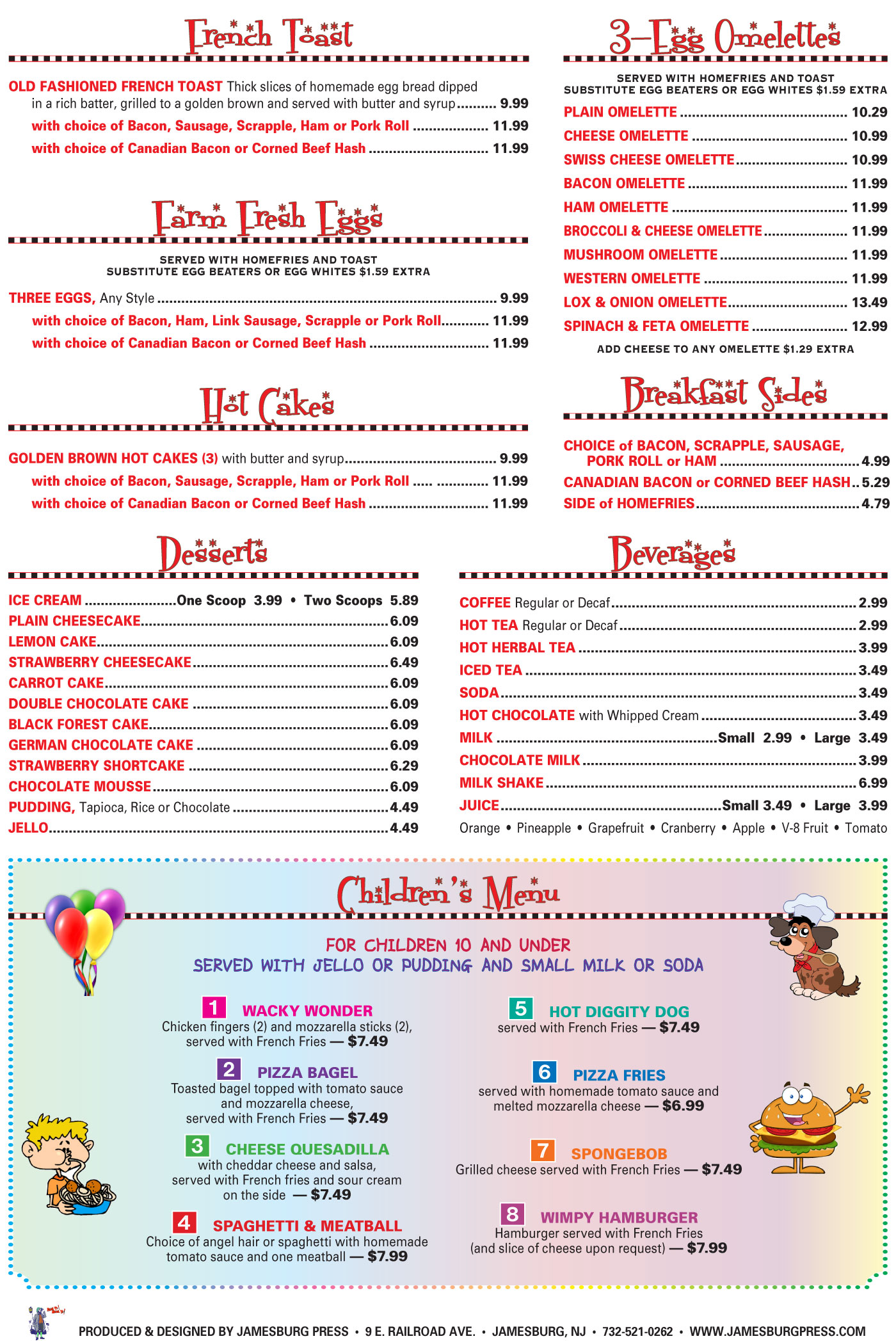 Williamstown Full Menu | Pandora Diner, New Jersey Diners
