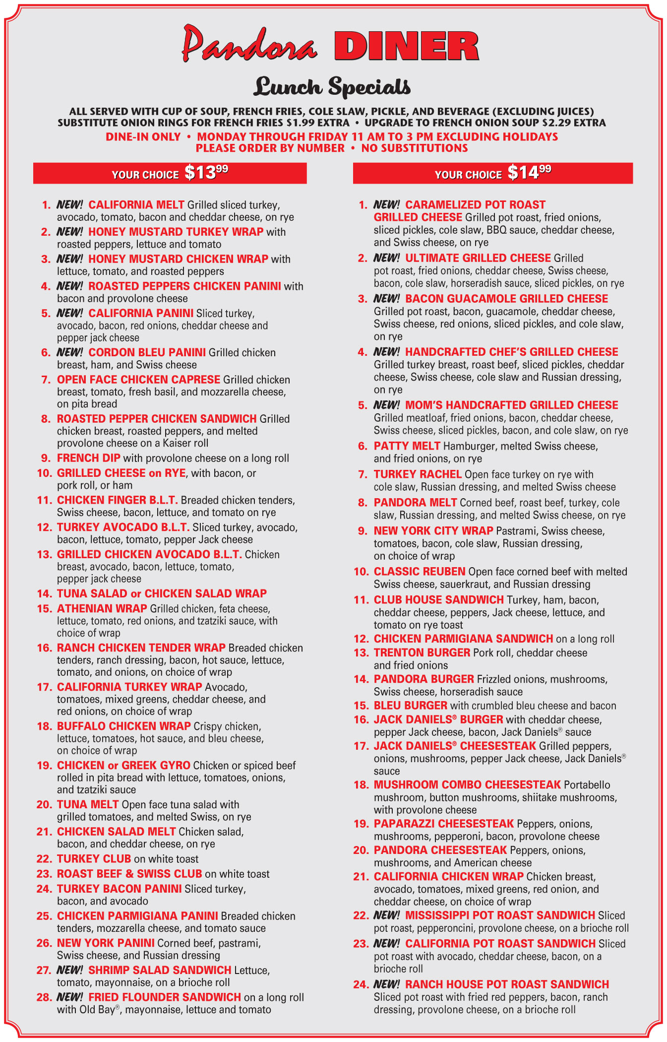 Williamstown Full Menu | Pandora Diner, New Jersey Diners