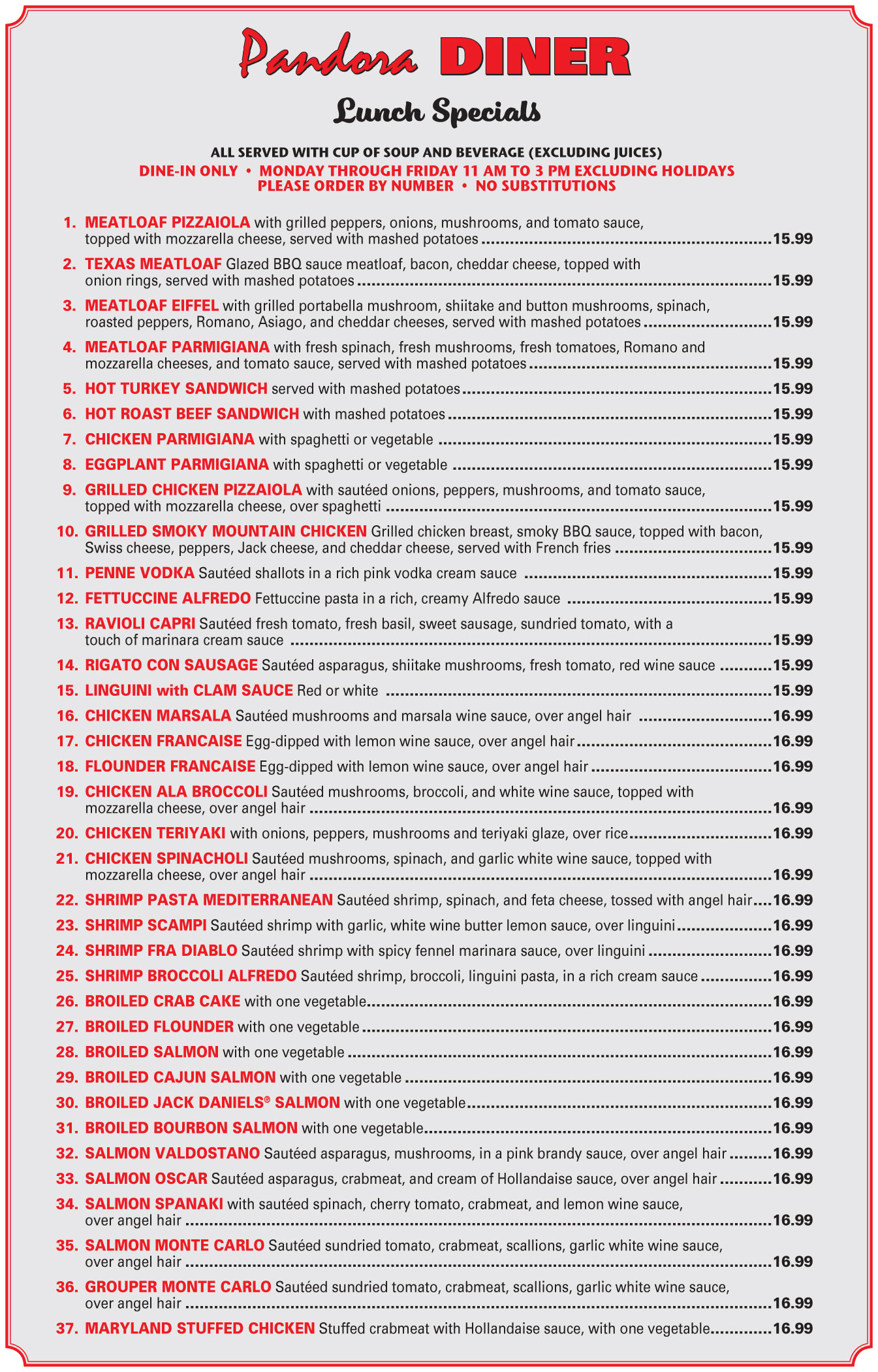 Williamstown Full Menu | Pandora Diner, New Jersey Diners